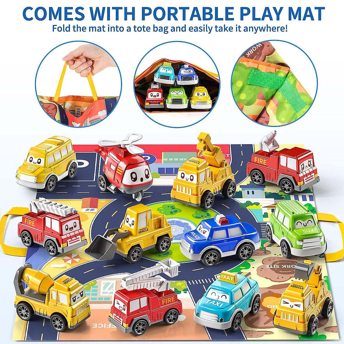 TEMI Toddler Pull Back Car Toys for 1 2 3 Year Old Boy Girl, 12 Pieces Baby Toy Cars with Play Mat/Storage Bag, Baby Toys 12-18 Months, Birthday Gifts for Toddler Toys Age 1-2