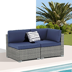 Patiorama 2-Piece Patio Furniture Set, Outdoor Sectional Sofa, All-Weather Grey PE Wicker Rattan Conversation Set,Outdoor Couch Loveseat,Patio Seating for Porch Balcony Garden Pool(Navy Blue Cushion)