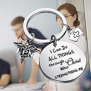 LQRI LPN Gift LPN Licensed Practical Nurse Gift I Can Do All Things Through Christ Who Strengthens Me Keychain Medical Caduceus Gift for LPN (Sliver)