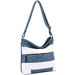 Adjustable Strap Soft Vegan Leather Front Pocket Large Hobo Handbag Crossbody Purse (Stripe - Blue/White)