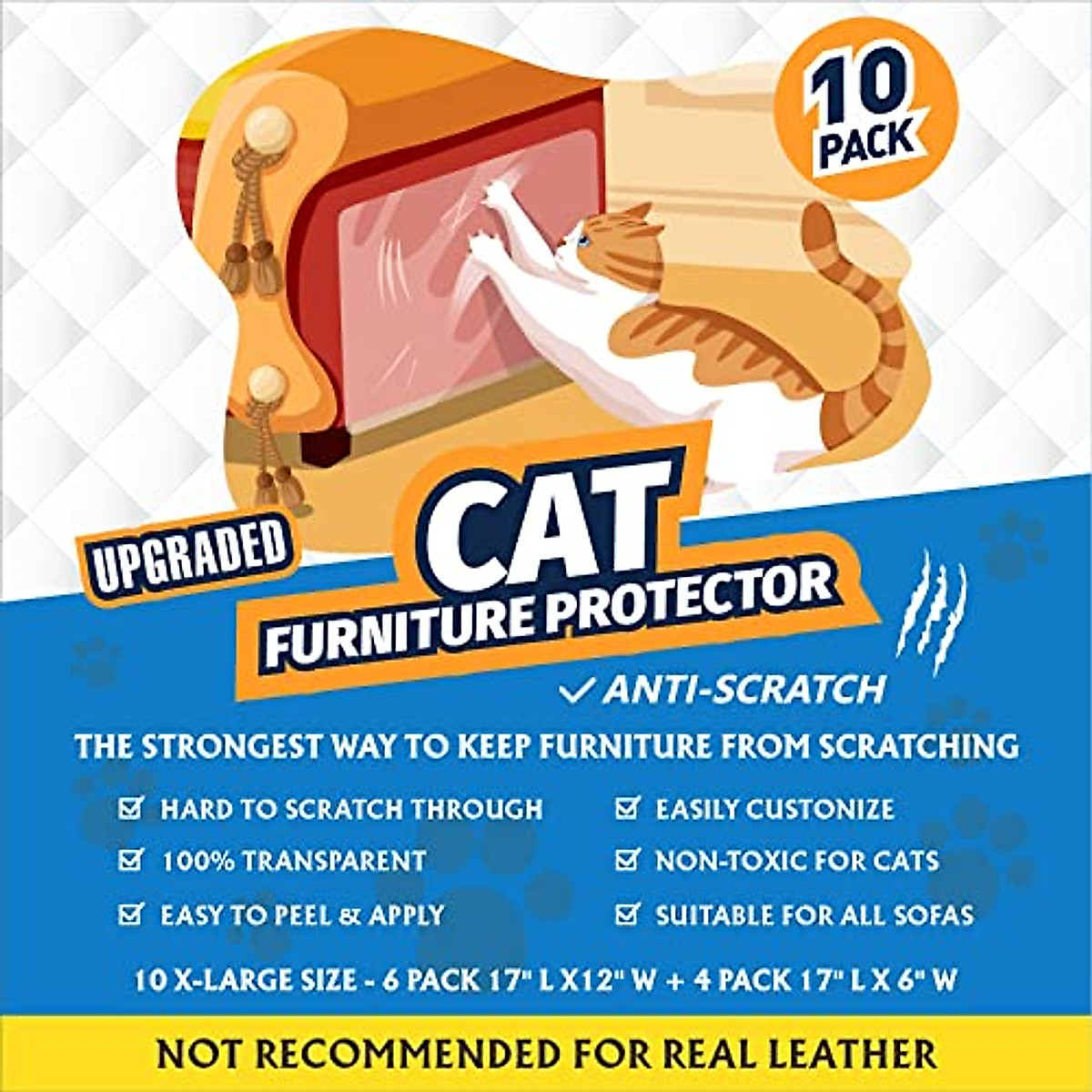 Anti Scratch Furniture Protectors from Cats - 10 Pack Cat Scratch Deterrent Tape Self Adhesive, Clear Plastic Cat Couch Protector for Sofa, Door (6 pcs 17" L 12" W + 4 pcs 17" L 6" W + 50 Pins)…