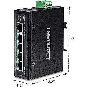 TRENDnet 5-Port Industrial Fast Ethernet DIN-Rail Switch, 4 x Fast Ethernet PoE+ Ports, 1 x Fast Ethernet Port, 90W PoE Power Budget, DIN-Rail, IP30 Rated, Lifetime Protection, Black, TI-PE50