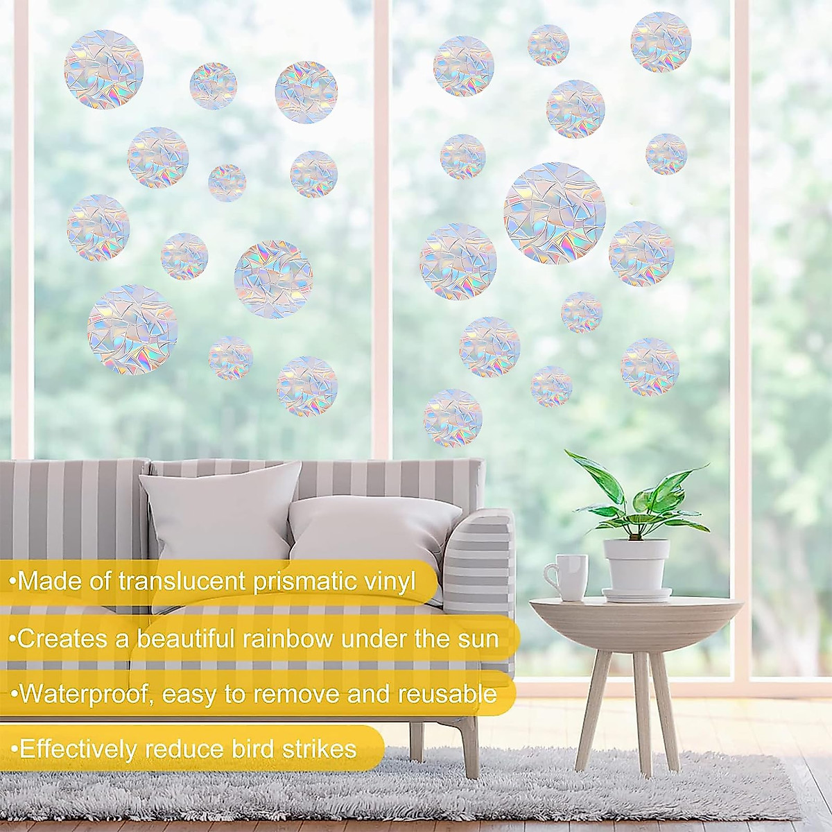 Shawula 36PCS Circle Window Clings - Anti-Collision Window Decals to Save Birds from Window Collisions,Non Adhesive Prismatic Vinyl Window Clings, Rainbow Stickers