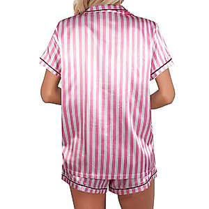 Remidoo Women's Striped Silk Satin Short Sleeve Button Down Pajama Set 2 Piece Pjs Loungewear Pink Large