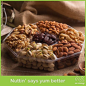 Mixed Nuts Gift Basket + Green Ribbon (7 Assortments) Purim Mishloach Manot Gourmet Food Bouquet Arrangement Platter, Birthday Care Package Tray, Healthy Kosher Snack Box, Her Him Women Men