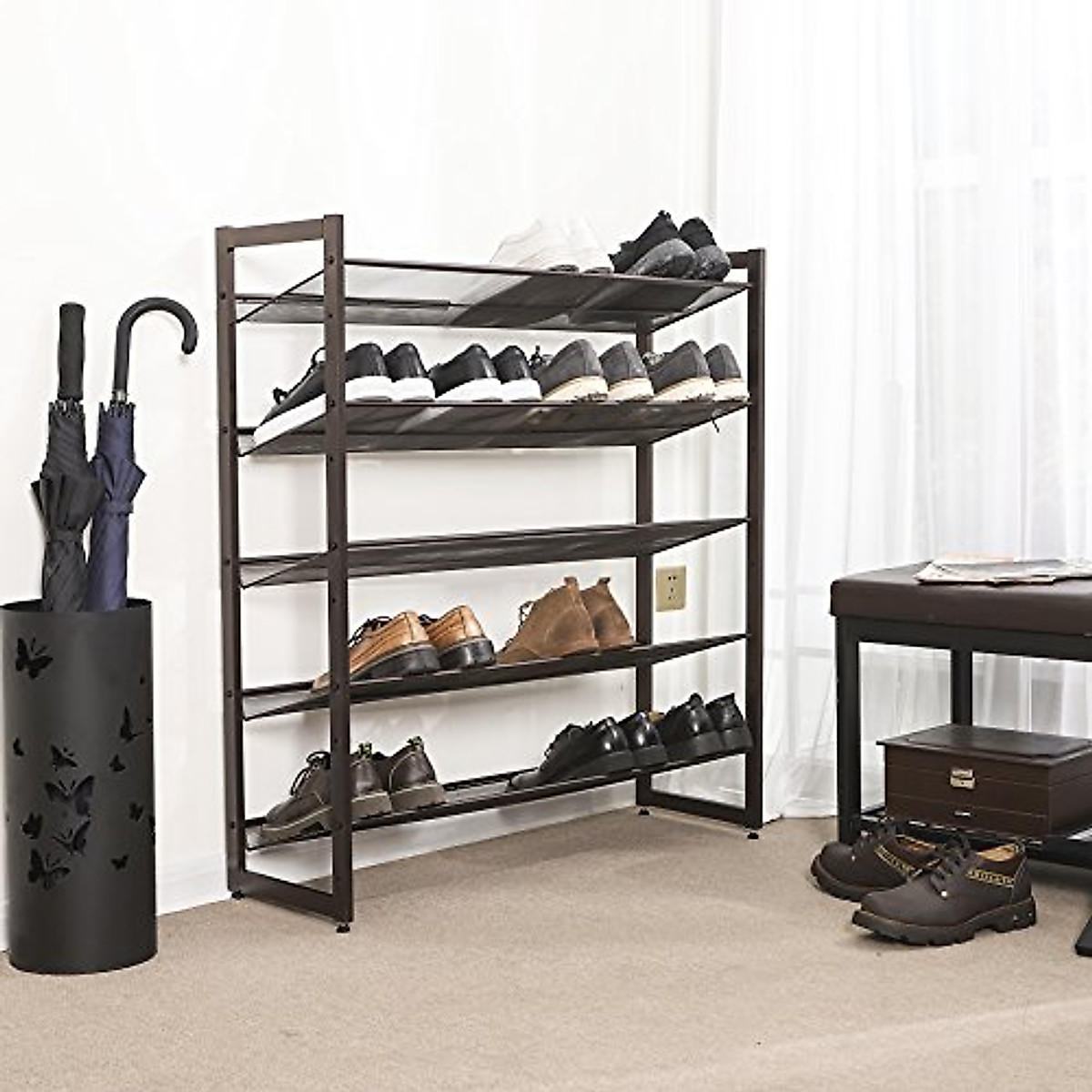 SONGMICS Shoe Rack, 5-Tier Stackable Shoe Storage Shelf, Metal Mesh, Flat or Angled Shoe Organizer Rack for 20 to 25 Pairs of Shoes, Short Boots, High Heels, Bronze