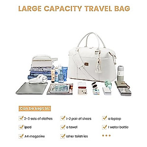 LOVEVOOK Travel Duffle Bag for Women, Leather Carry On Weekender Bag with Toiletry Bag, Cute Overnight Bag Tote Gym Duffel Bag with Wet Pocket for Hospital Yoga Sports Dance White