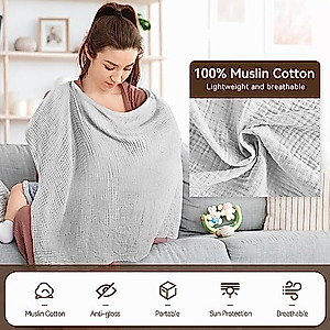 Riqiaqia Muslin Nursing Cover for Breastfeeding, Soft Cotton Breastfeeding Cover with Rigid Hoop for Baby, Multi-use Adjustable Nursing Apron Cover | Carseat Cover (Grey)