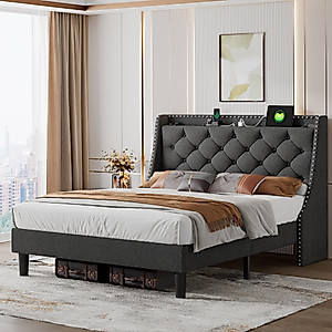 iPormis Queen Bed Frame with 16" Comfort Wingback & Charging Station, Upholstered Platform Bed with Button Tufted Storage Headboard, Solid Wood Slats Support, No Box Spring Needed, Dark Grey
