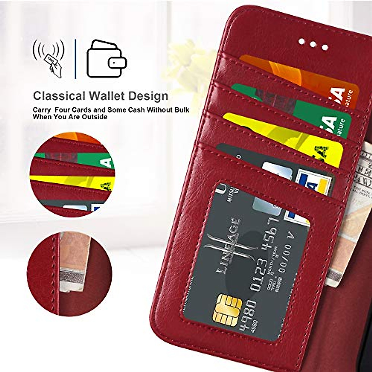 Arae Wallet Case for iPhone XR PU Leather flip case Cover [Stand Feature] with Wrist Strap and [4-Slots] ID&Credit Cards Pocket for iPhone XR 6.1 inch (Wine red)