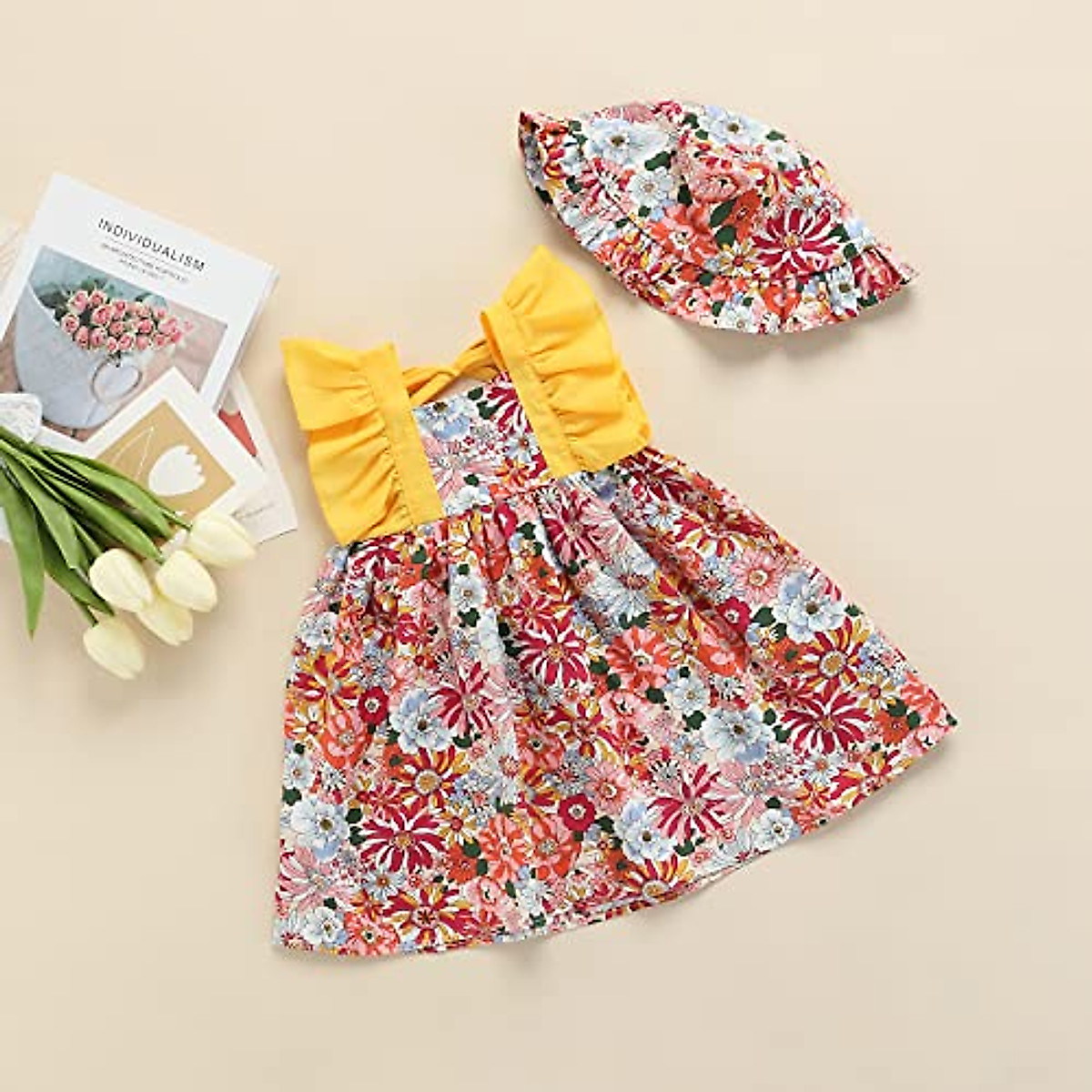 Toddler Infant Girl Flower Dress + Sun Hat 2Pcs Summer Boho Floral Ruffle Sleeve Tutu Dresses Baby Clothes Set (12-18 Months, Yellow)