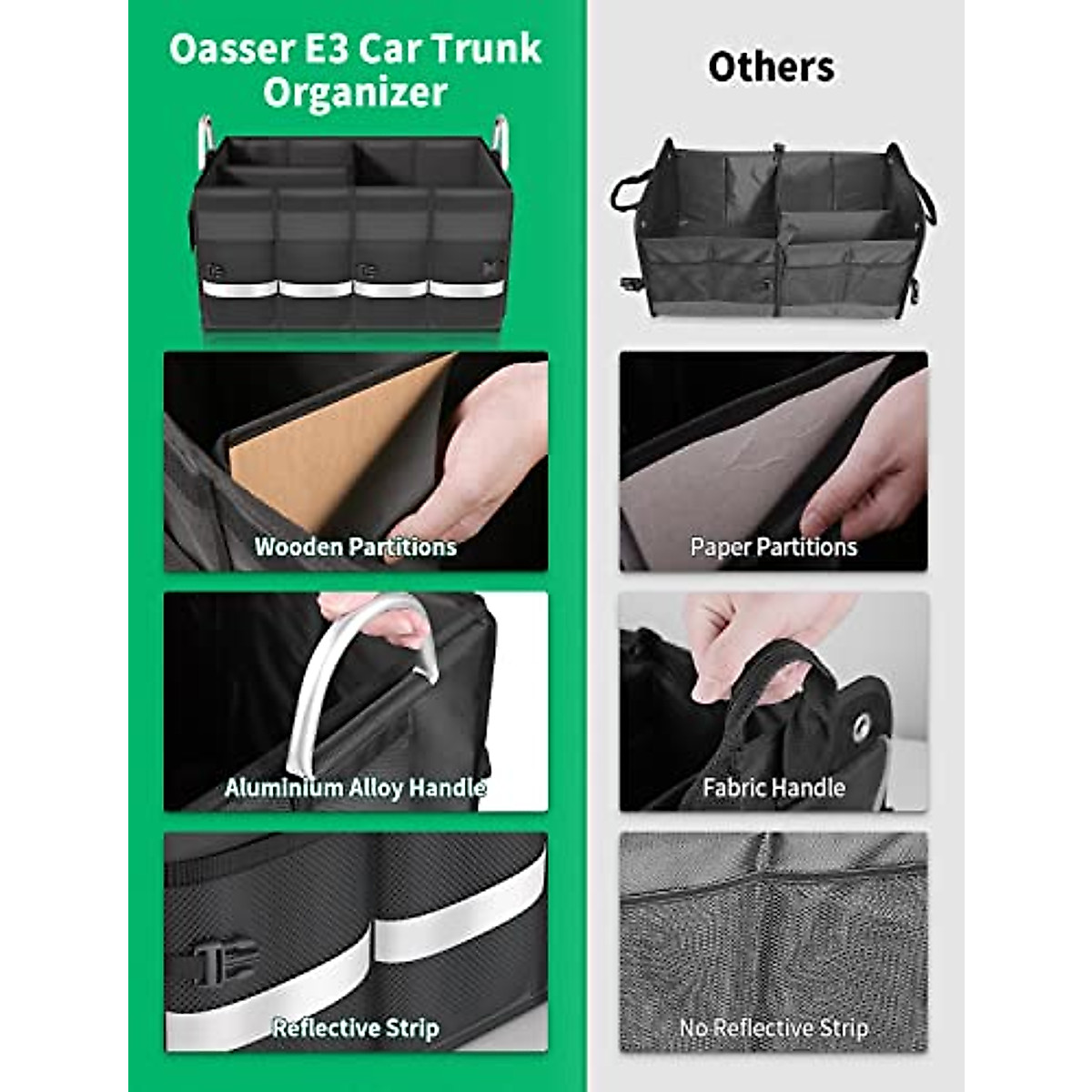Oasser Trunk Organizer Cargo Organizer Trunk Storage Waterproof Collapsible Durable Multi Compartments with Foldable Cover Aluminium Alloy Handle Reflective Strip