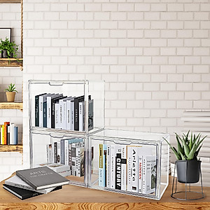 Cutora 2 PACK Clear Book Storage Organizer Stackable Acrylic Book Display Box with Magnetic Door for Bookshelf Easy Assemble Bookcase Containers Display case for Comics Toys Handbags Shoes Purses