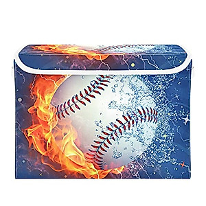 Kigai Water and Fire Baseball Storage Basket with Lid,Collapsible Storage Box Fabric Storage Bin for Closet,Office,Bedroom,Nursery
