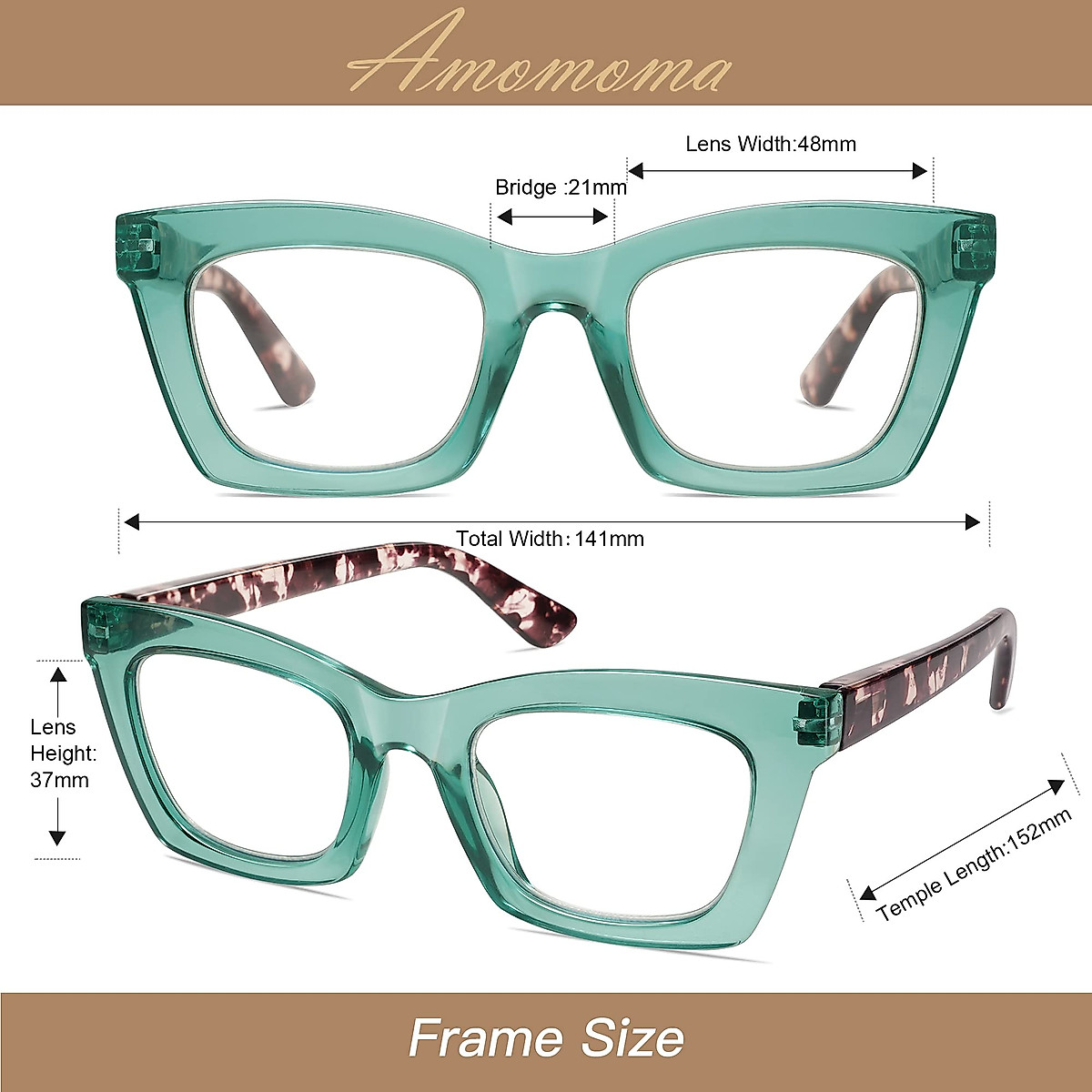 AMOMOMA 3 Pack Trendy Oversized Blue Light Stylish Readers for Women,Retro Square Cute Sturdy Computer Womens Reading Glasses AM6042 Black+Brown+Green 1.5