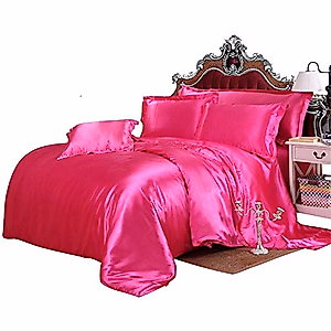 Cotton Home Depot Luxury 6-Piece Satin Lightweight Solid Duvet Cover Set Comforter Set ( Duvet Cover + Comforter + 4 Pillow Cases ) Hotel Quality Bedding Set Hot Pink King