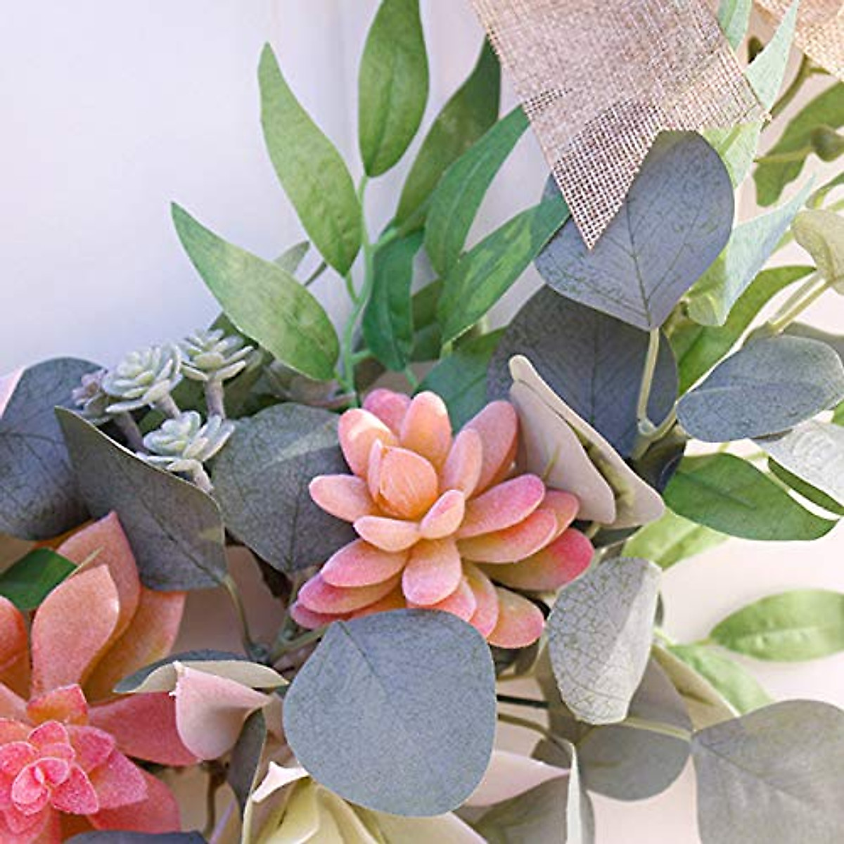 SYLOTS Artificial Succulent Wreath Door with Knotted Bow, Lrnn Fake Leaves Wreath Succulent Plants Hanging Wall Window Party Decoration for The Front Door, Home Decor in Summer and Fall, Weddings