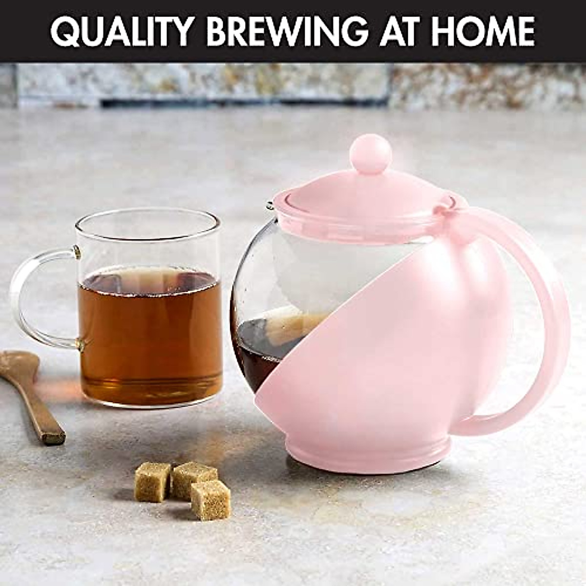 Primula Half Moon Teapot with Removable Infuser, Glass Tea Maker, Reusable, Fine Mesh Stainless Steel Filter, Dishwasher Safe, 40-Ounce, Pink