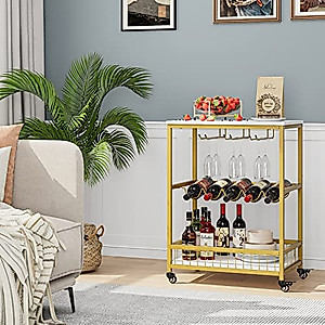 HITHOS Industrial Bar Carts for The Home, Mobile Serving Cart with Wine Rack and Glass Holder, Beverage Cart, on Wheels, Rolling Drink Trolley Living Room, Kitchen, White Gold