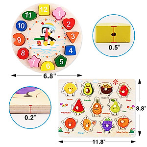 Wooden Peg Puzzles for Toddlers, 3 Pack Montessori Educational Learning Puzzles Toys for Kids Ages 1-3, Early Educational Preschool Wooden Puzzle Gift for Boys and Girls 1 2 3 4 5 Years Old