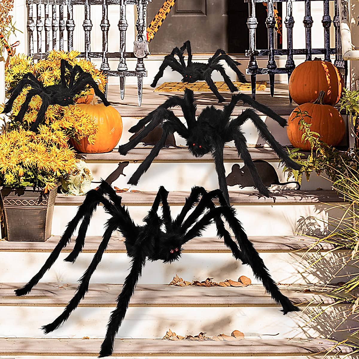 Halloween Spider Decorations, 4 Pcs Gaint Spiders Halloween Decorations Outdoor Scary, Halloween Spider Scary Fake Spiders Halloween Decor for Outside House Indoor Yard Haunted House Window