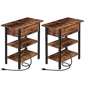 HOOBRO Set of 2 End Tables, Side Table with Charging Station, Flip Top Nightstand with USB Ports and Outlets, Bedside Tables with Shelf for Small Spaces, Living Room, Bedroom, Rustic Brown BF341BZP201