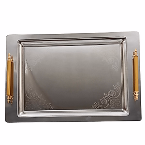 Candymosa Silver Serving Tray with Handles (18”x12”) - Stainless Steel Serving Tray for Drinks and Food - Silver Tray Decorative - Ideal as a Coffee Tray, Bar Tray, Silver Platter or Turkish Tray