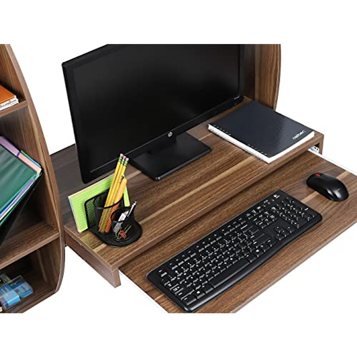 Mind Reader Wall Mounted Floating Wood Desk Table with Storage Shelves and Cable Management, Space Saving Computer Shelf, Office, Brown