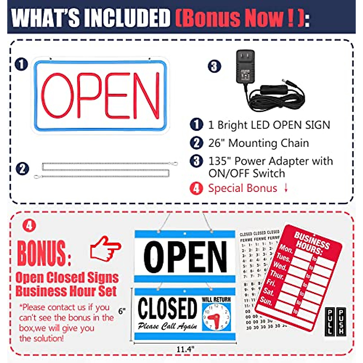 Open Signs for Business,Neon Open Sign Led,16.5"x 9",with Open/Closed Bussiness Hour Sign Set,Light for Bar Coffee Salon Store Window,12V/2A Adapter with ON/OFF Switch (Blue/Red Horizontal)