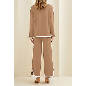 PRETTYGARDEN Women's 2 Piece Knit Sweater Set Casual Long Sleeve Pullover Wide Leg Pants Sweatsuit Tracksuit Outfit (Khaki,Large)