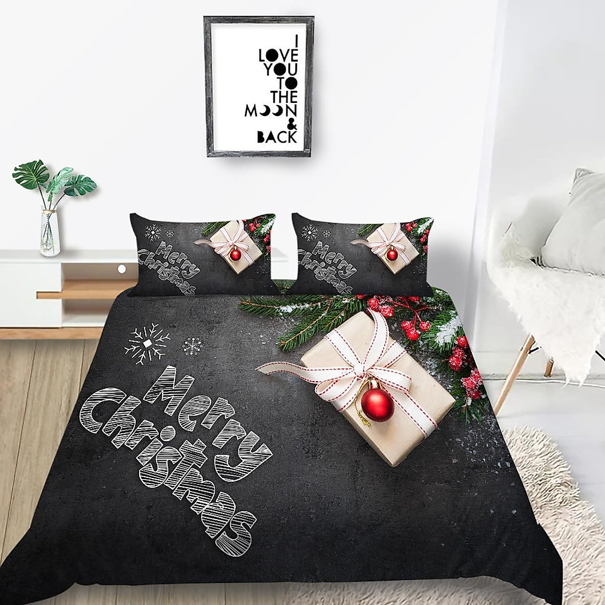 Christmas Super King Duvet Cover 120x98 Holiday Theme Bedding Set Soft Microfiber Comforter Cover with Zipper Closure, 3D Print Quilt Cover with 2 Pillow Shams 573a