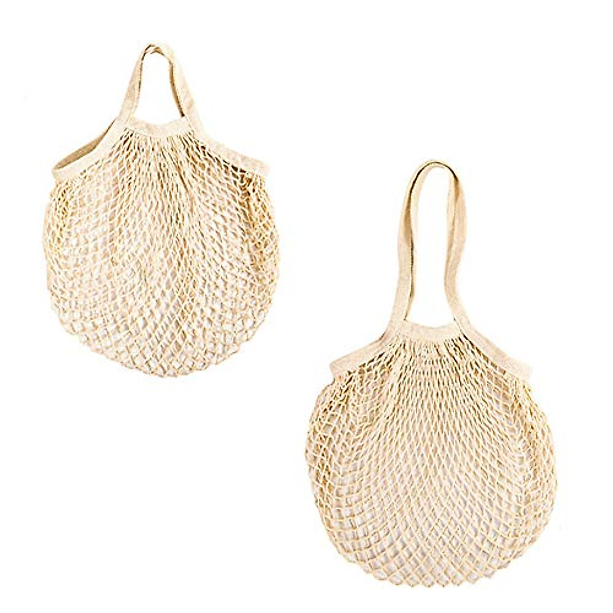 Yiplus Cotton Mesh Produce Bag, 2 Pack Reusable Ecology Washable Organic Shopping Grocery Farmer Market Bags String Net Tote for Vegetables and Fruit with Long/Short Handle (Beige)