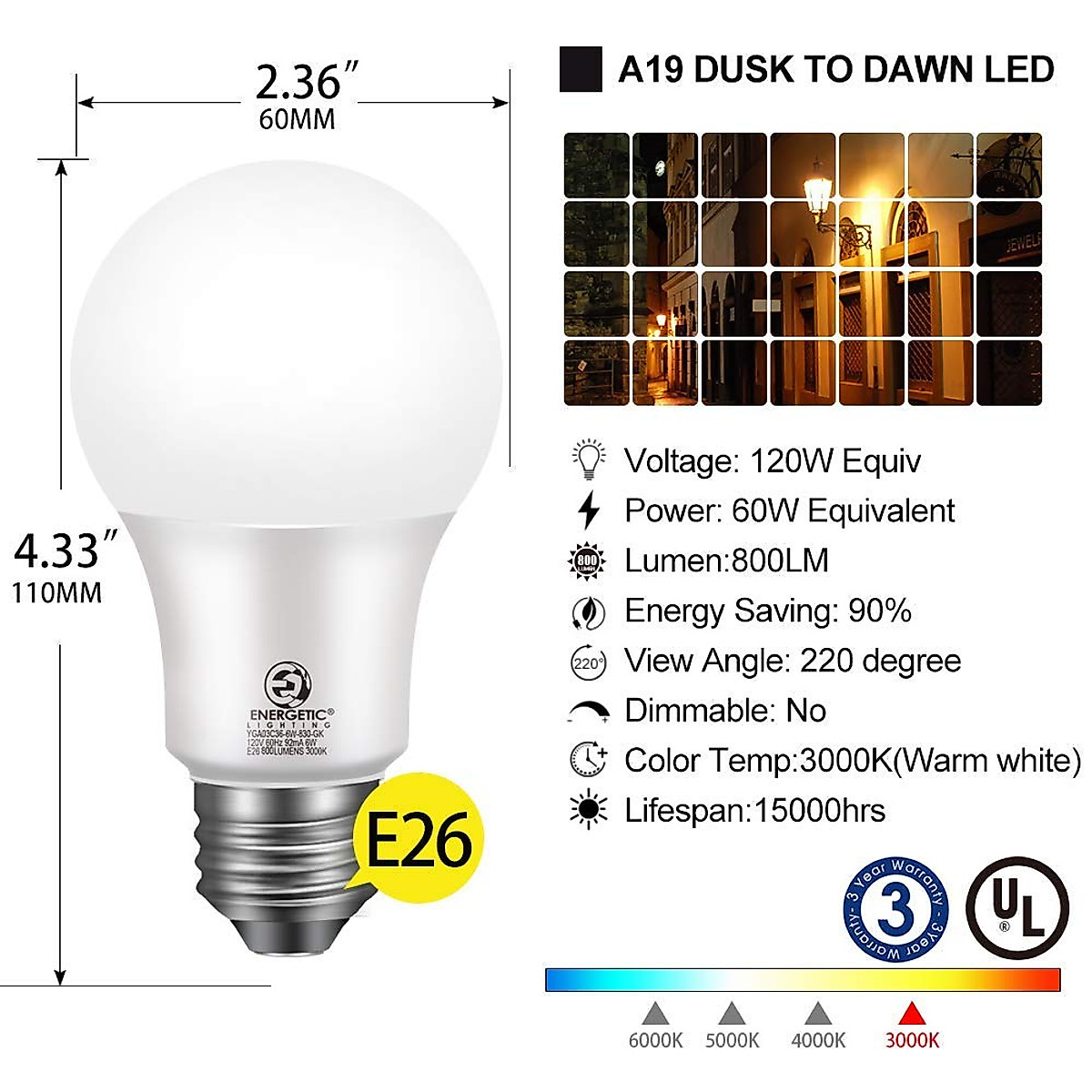 Energetic 4-Pack Dusk to Dawn LED Outdoor Light Bulb, 60 Watt Equivalent(6W), 800LM, Warm White 3000K, E26 Base, Automatic On/Off Sensor Light Bulb for Porch, Hallway, Garage, UL Listed