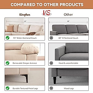 Kingfun 93" W Sectional Sofa Couch,L Shaped Couch with Removable Armrests for Living Room & Apartment,3-Seater Modern Upholstered Sofa with Wide Chaise Lounge,Beige