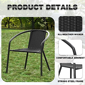 gaildon Outdoor Chairs Set of 4 Patio Chairs, Outdoor Dining Chairs - Stackable Wicker Rattan Chairs with Metal Frame for Balcony, Deck, Bistro, Backyard, Porch (4 Pack, Black)