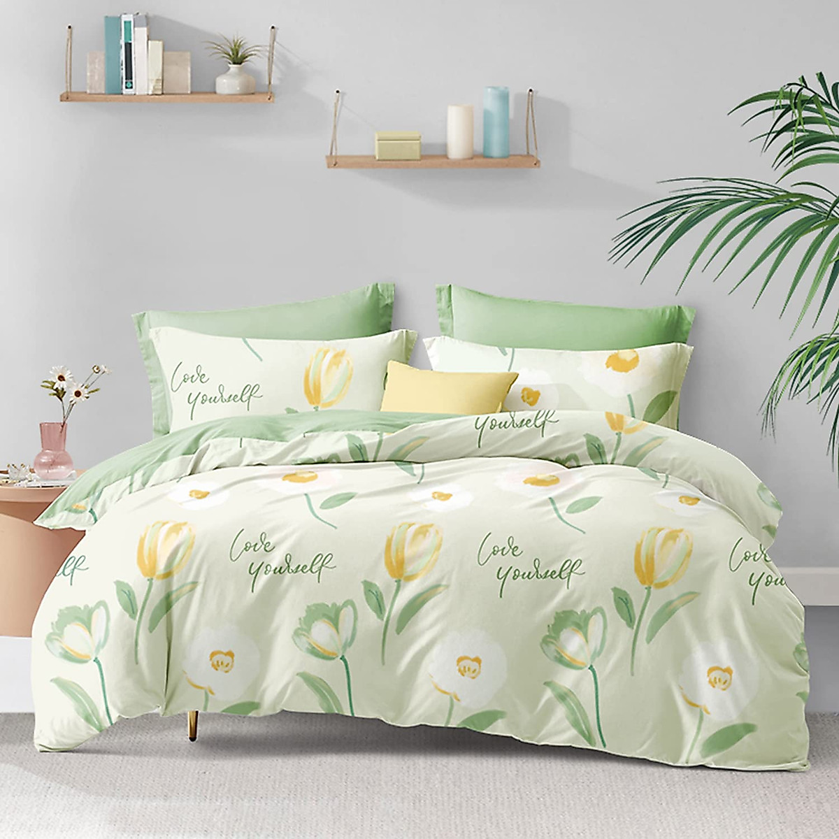 SAPHREAS Green Floral Tulip 4pcs Bedding Duvet Cover Set King Size 100% Cotton Spring Comforter Cover Set 1 Duvet Cover 2 Pillow Shams 1 Fitted Sheet