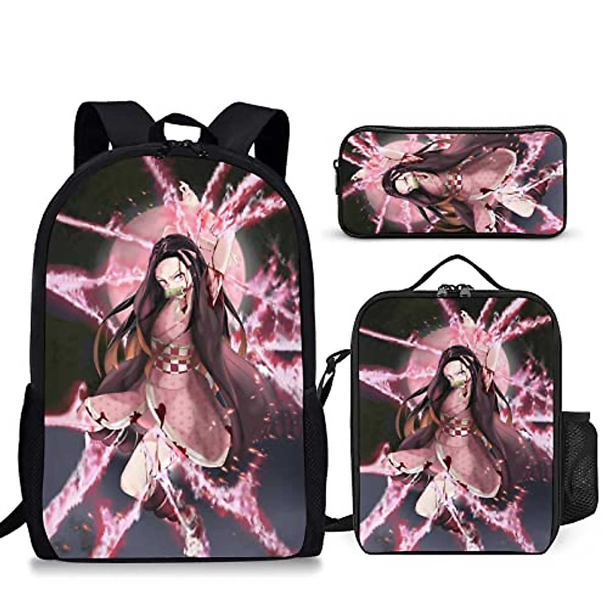 Qtubzad Unisex Anime 3Pcs Backpack Set,Fashion Design17 Backpack with 3D Print Lunch Bag Pencil Case for Boys/Girls