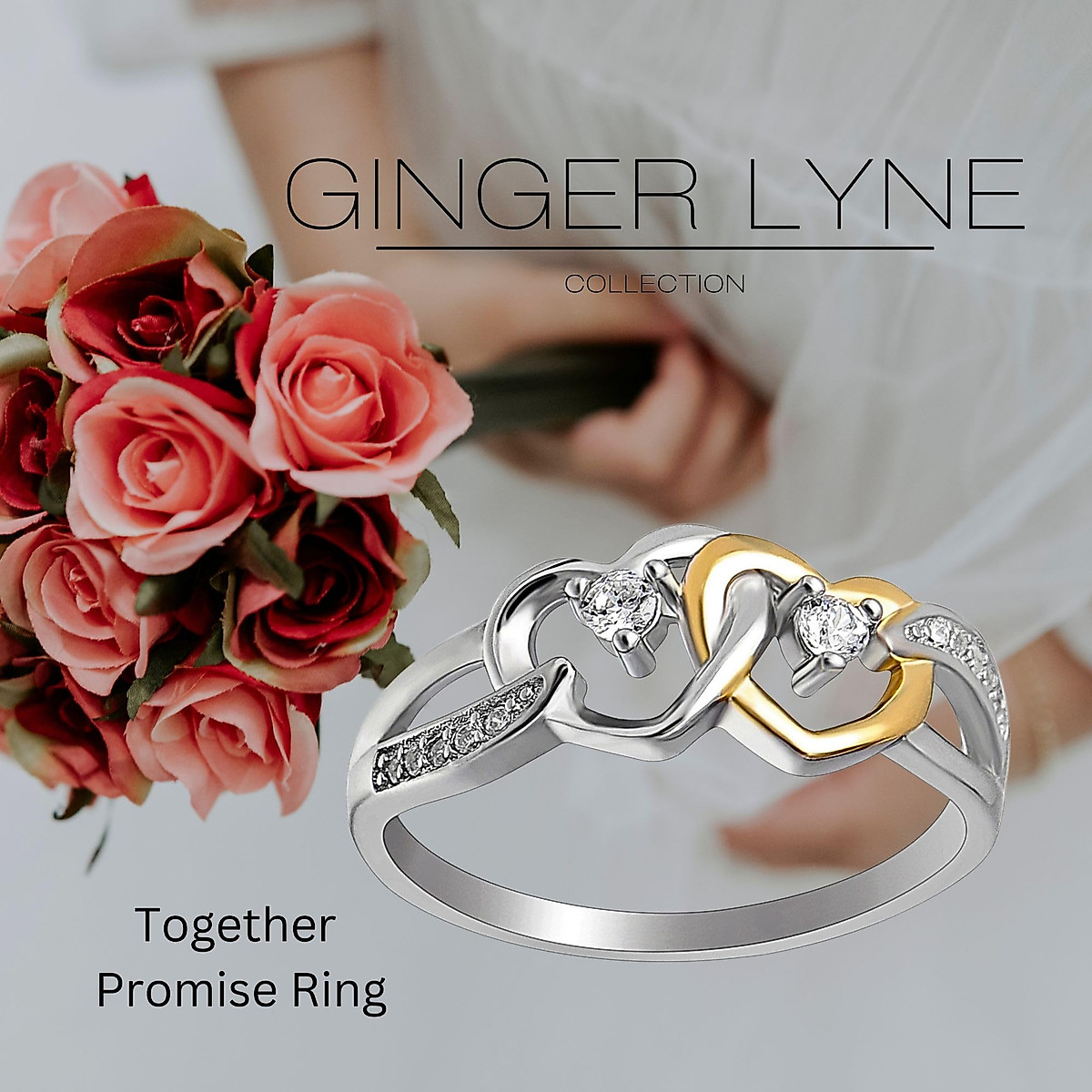 Ginger Lyne Collection Together Promise Ring for Women Double Hearts 925 Sterling Silver AAA Cubic Zirconia Engagement or Bridal Jewelry