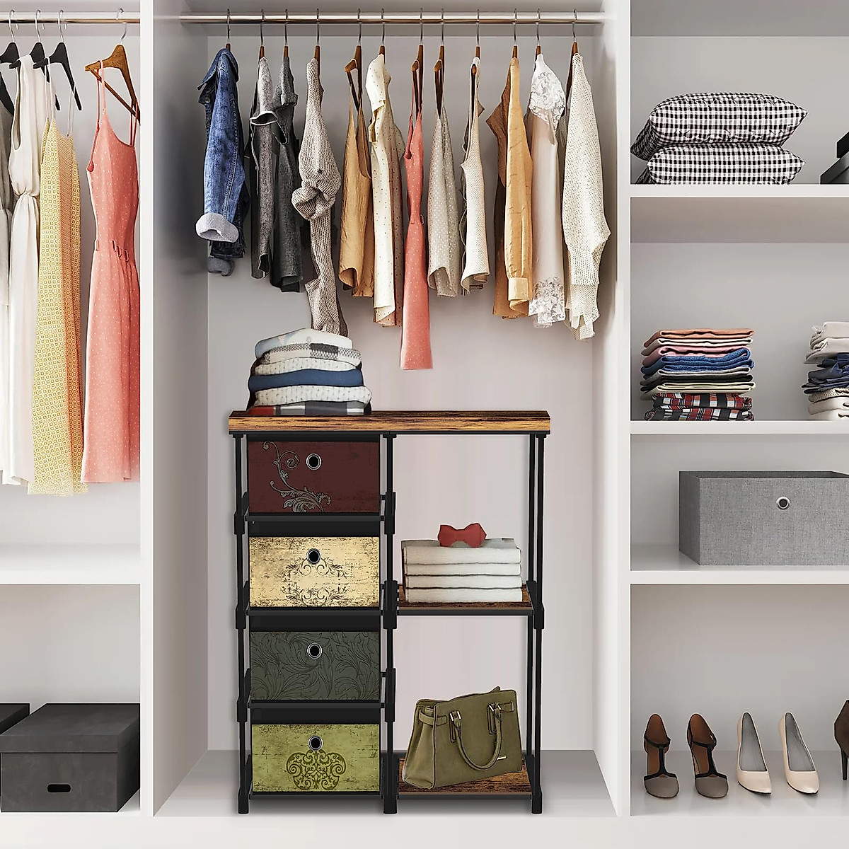 VASICAR Small Fabric Dresser with 2-Tier Side Shelf, 4 Drawers Storage Drawer Units for Bedroom, Storage Cabinet, Beside Sofa Table for Hallway Entryway