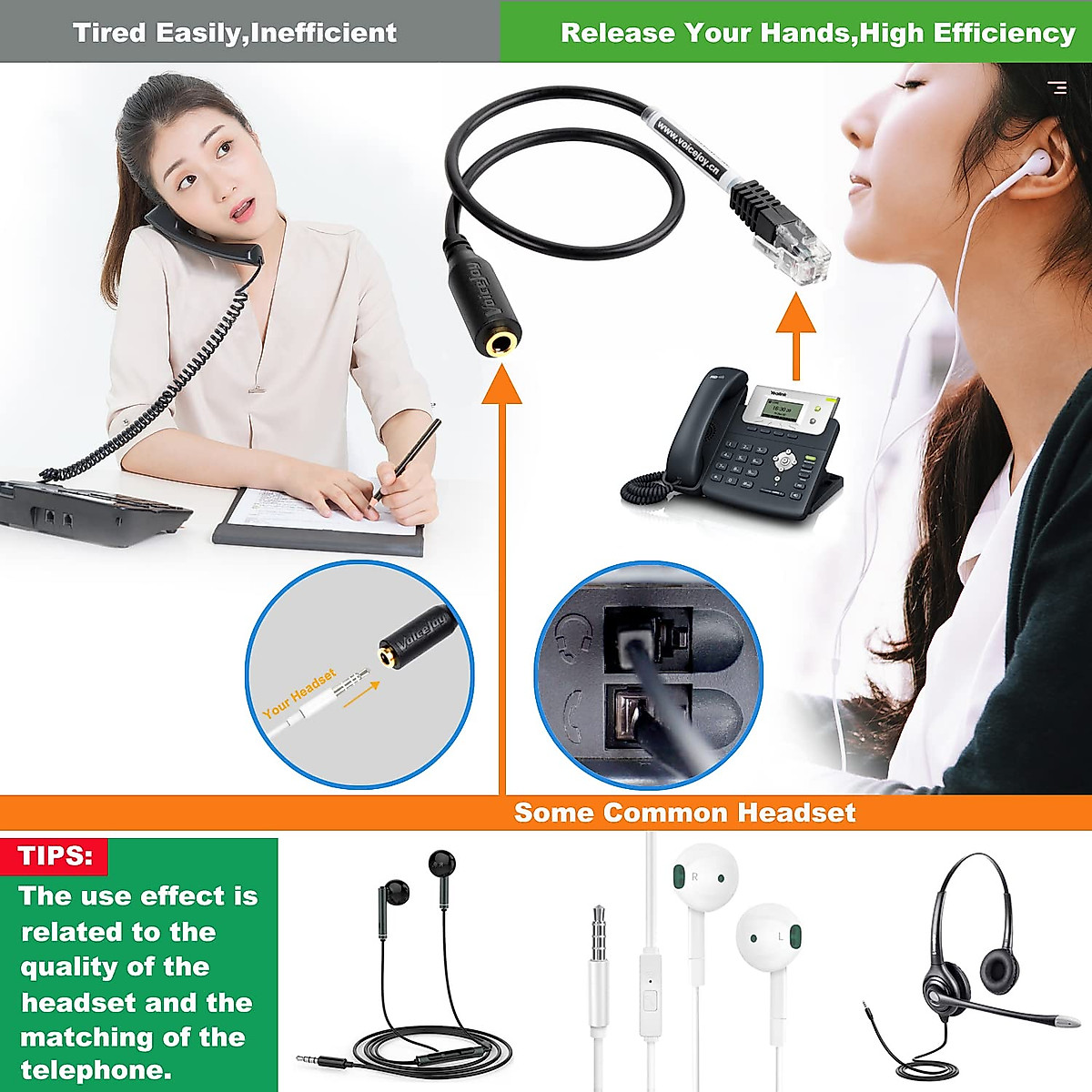 VoiceJoy 3.5mm Smartphone Headset to RJ9 Adapter Compatible with Yealink T20 T21 T41G etc Phones and Grandstream GXP14XX,GXP2124, GXP2120, GXP2140 GXP2140 GXP2160 GXP2110