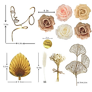 Boho Flower Cake Toppers Lady Face Birthday Cake Decorations with Palm Leaves Ginkgo Leaves for Birthday Party Wedding Boho Themed Party Supplies (FLowers)