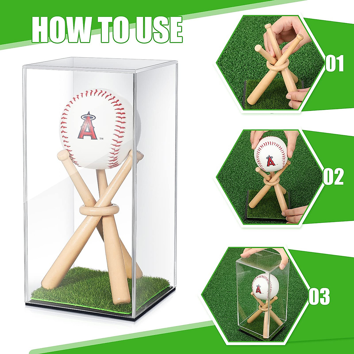 Mudder Baseball Display Case and Wood Stand Acrylic Baseball Holder Acrylic Box with Grass Pad for Ball Display Mini Wooden Bat Showcase Holders for Memorabilia Autograph Ball(1 Pack)