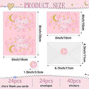 24 Pieces Stars Thank You Cards with Envelopes and Stickers for Baby Shower Party Supplies, Gold Foil Thanks Stickers Starry Delight Thanks Notes Stars Moon Gratitude Cards for Party Favors (Pink)
