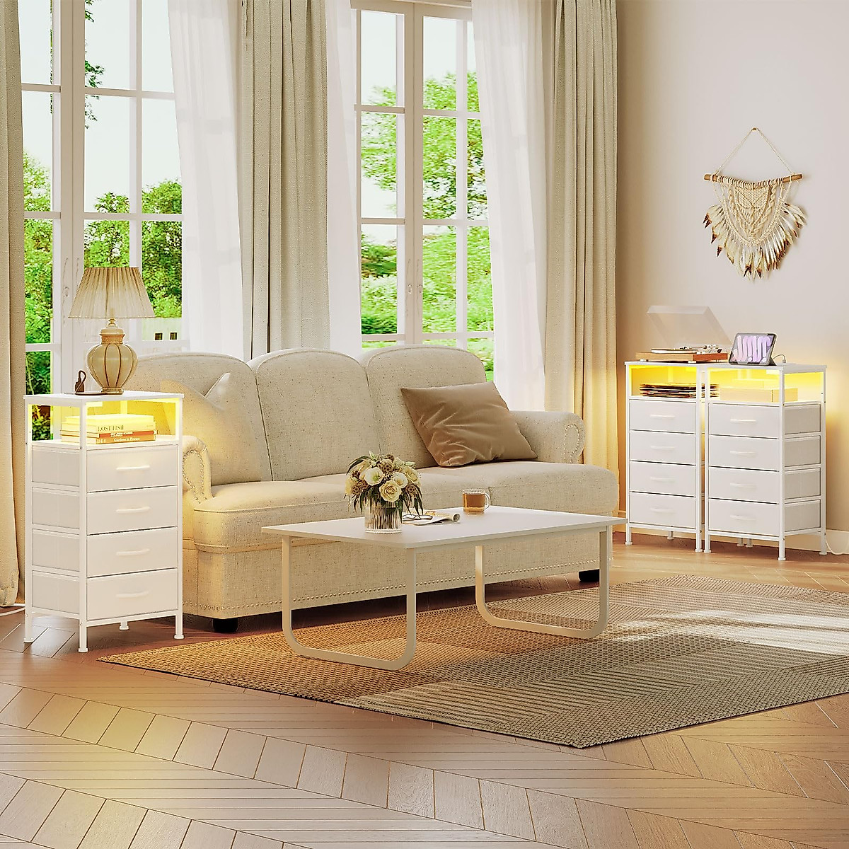 HOOBRO Nightstand with Charging Station and LED Light, End Table with 4 Fabric Drawers, Bedside Table with Outlet and USB Ports, Tall Night Stand for Bedroom, White WT404UDBZ01