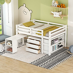 Low Full Loft Bed with Desk and Dresser Wood Kids Loft Beds Frame with Cabinet & Storage Shelves & Rolling Portable Desk for Juniors, Teen, Boys, Girls, Full Size,White