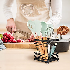 Utensil Holder for Kitchen Counter,Rectangular Matte Black Spoon Spatula Holder,Metal Steel Wire Cooking Utensil Crock Caddy,Elegant Silverware Flatware Organizers Storage for Countertop (1 Pack)