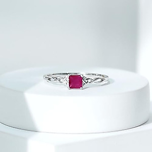 Rosec Jewels Princess Cut Ruby Solitaire Promise Ring for Women - Celtic Knot Ring | Natural and Certified Ruby | AAA Quality, 14K White Gold, Size:US 7.50
