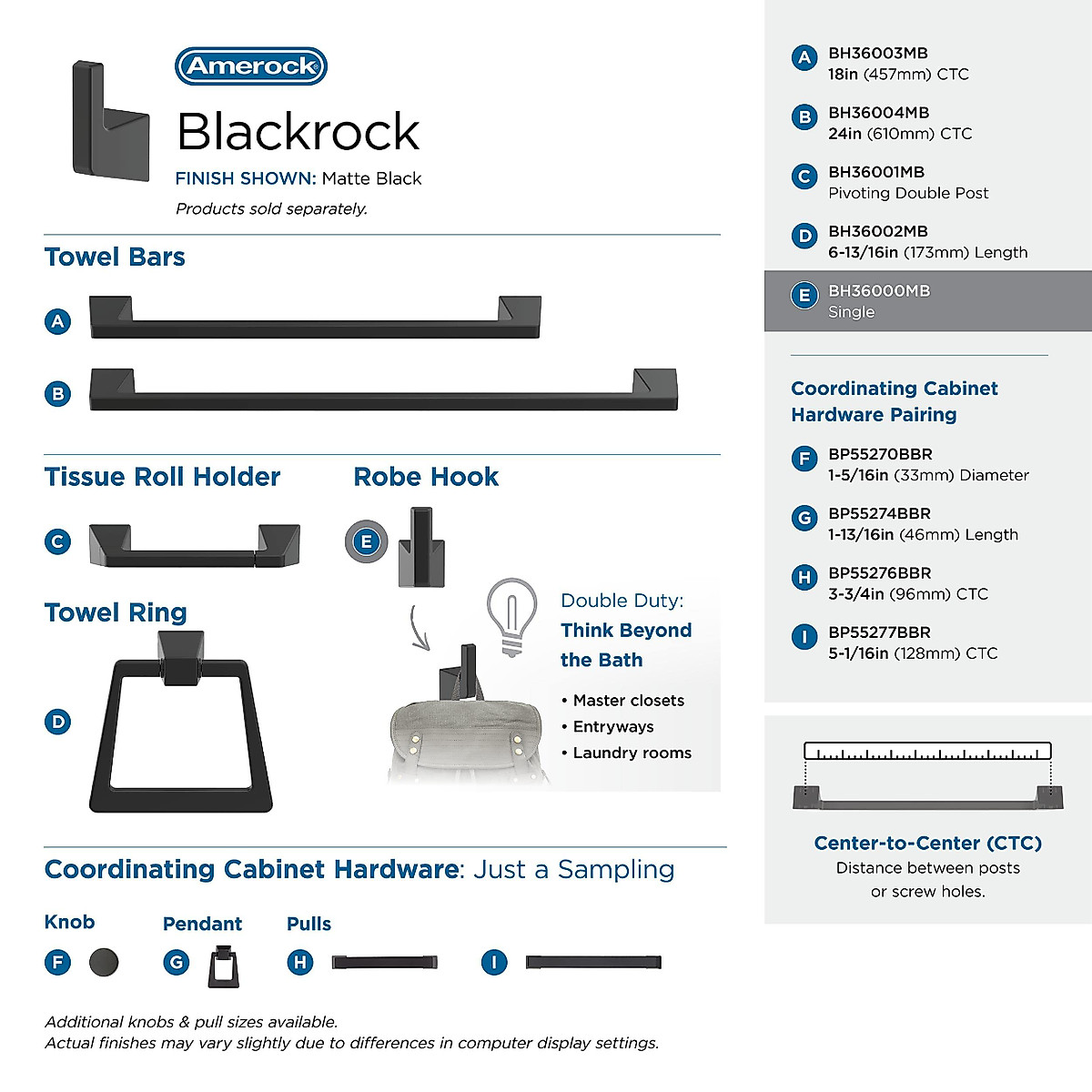 Amerock BH36000MB | Matte Black Single Robe Hook | 3-9/16 in. (90 mm) Length Towel Holder | Blackrock | Towel Hook for Bathroom | Bathroom Hardware | Bath Accessories