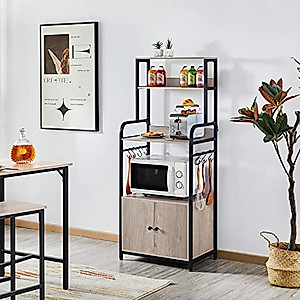 Yaheetech 4-Tier Kitchen Bakers Rack with Storage Cabinet and Hutch, Microwave Oven Stand Coffee Bar Pantry Cabinet with 8 S Hooks, Freestanding Kitchen Shelves Spice Rack, Gray