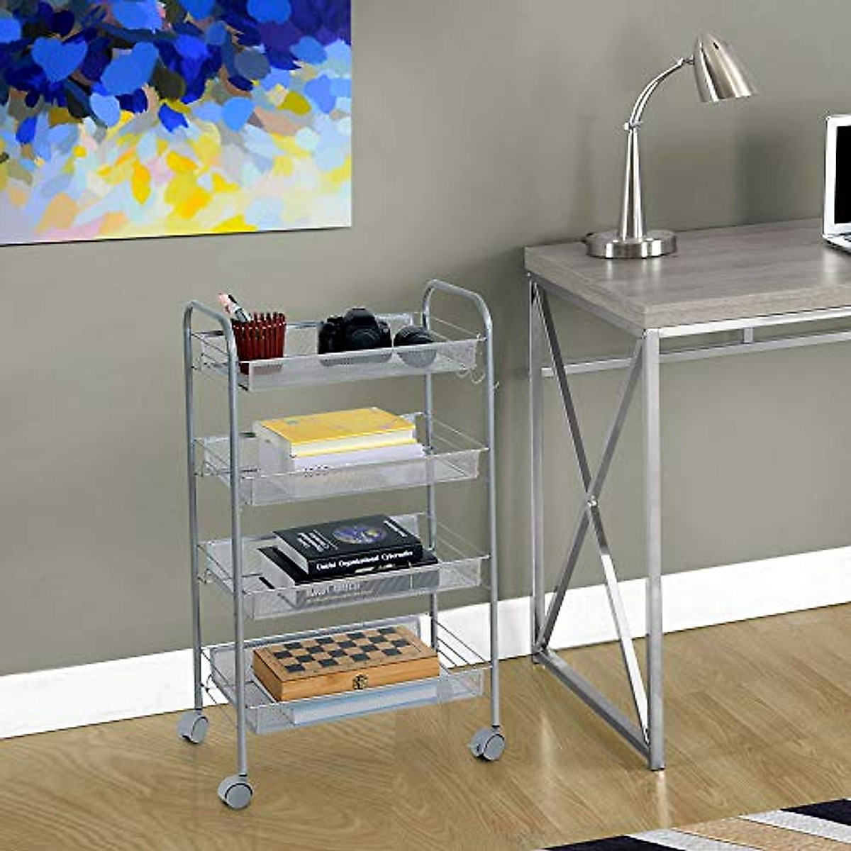 4-Storey Wheeled Office Storage Rack, Kitchen Storage Rack, Bathroom Storage, Suitable for Placing Items in Garage, Kitchen, Food Storage Room and Living Room